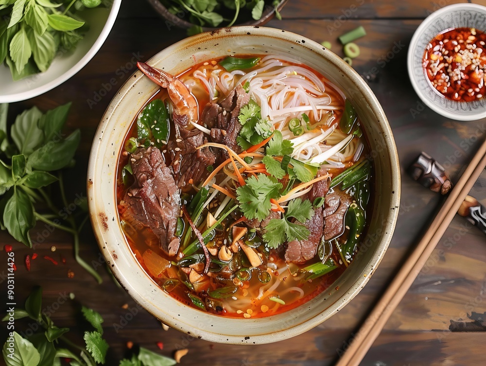 Bun Bo Hue. The most popular Vietnamese dishes. A spicy beef noodle ...
