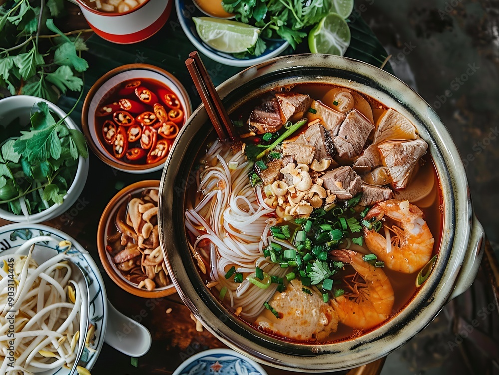 Bun Bo Hue. The most popular Vietnamese dishes. A spicy beef noodle ...