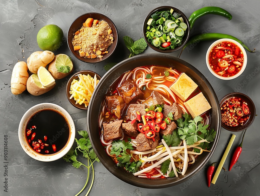 Bun Bo Hue. The most popular Vietnamese dishes. A spicy beef noodle ...