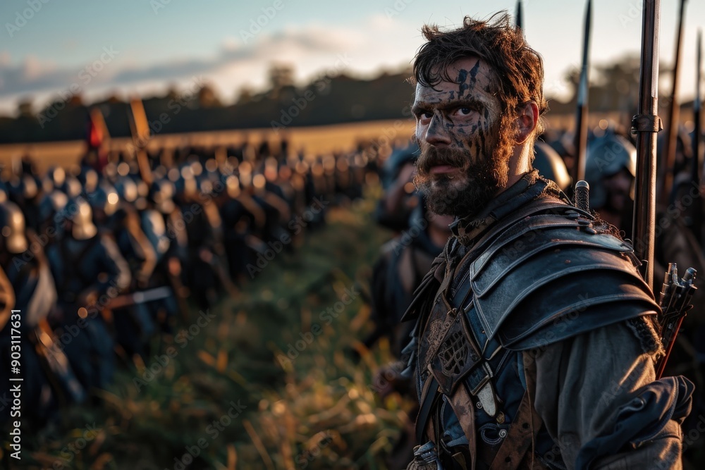 A scene depicting a medieval battlefield with an armored warrior ...