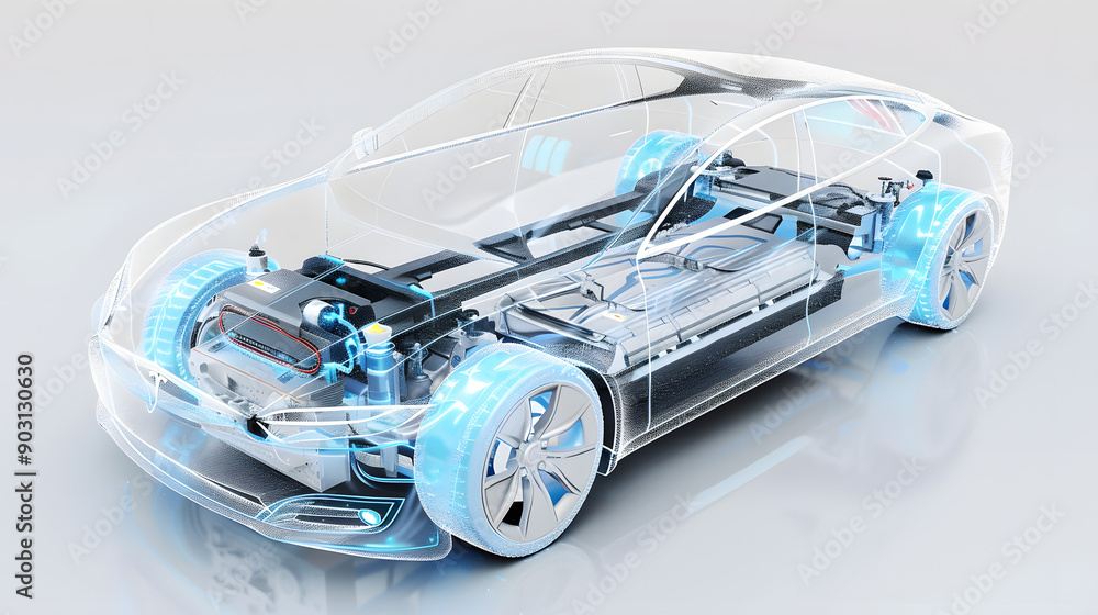 3D rendering of transparent car with battery pack. Cross section ...