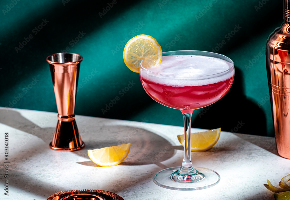 Pink alcoholic cocktail drink with gin, grenadine syrup, lemon juice ...