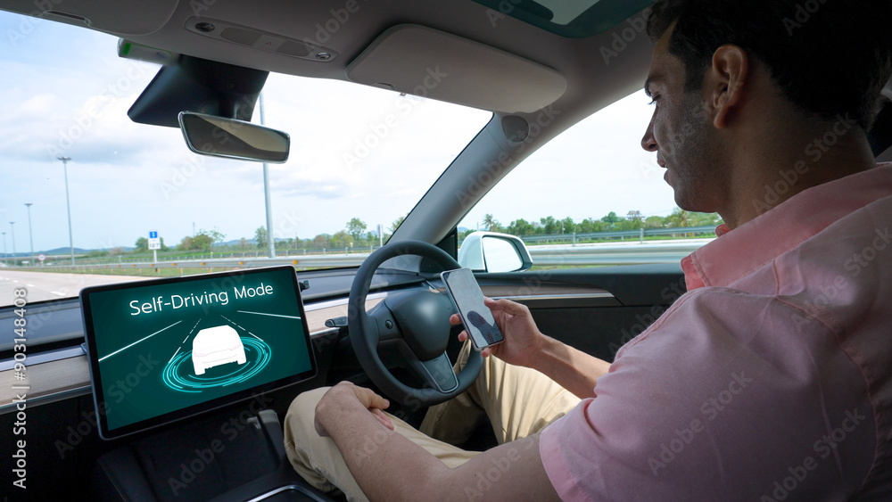 Self driving car or autonomous vehicle travel on speed highway with ...