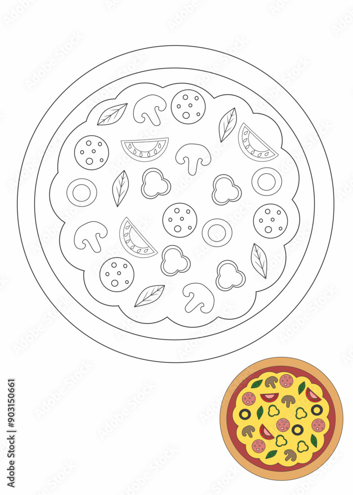 Pizza coloring page for kids, pizza black and white outline ...