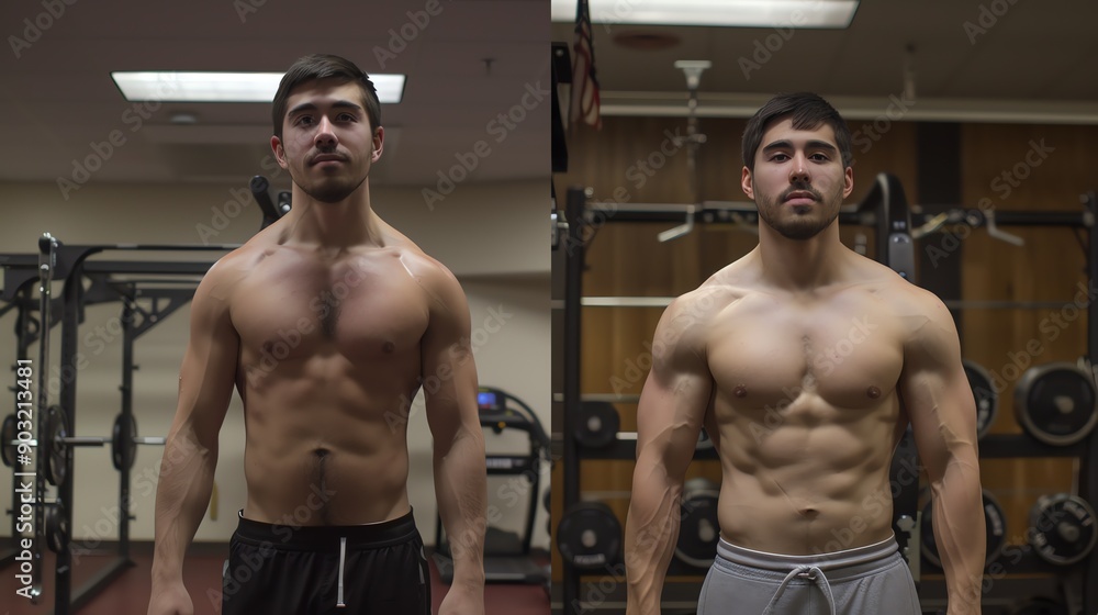Left: A young man with dark hair and a beard stands in a gym, flexing ...