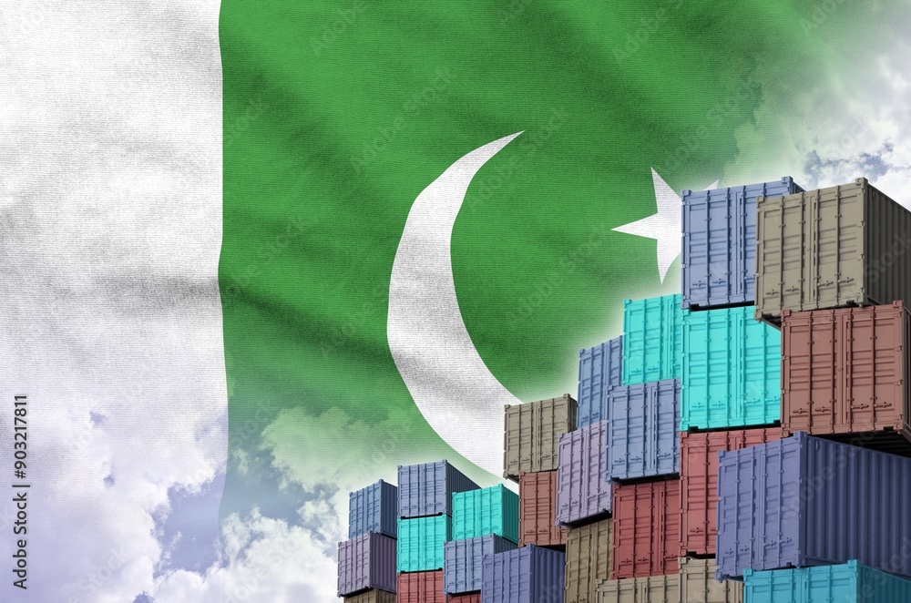 Pakistan flag and big stack of shipping cargo containers in docks with ...