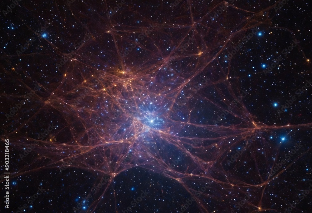 Filamentary structures of dark matter and galaxies forming a cosmic web, with nodes of bright ...