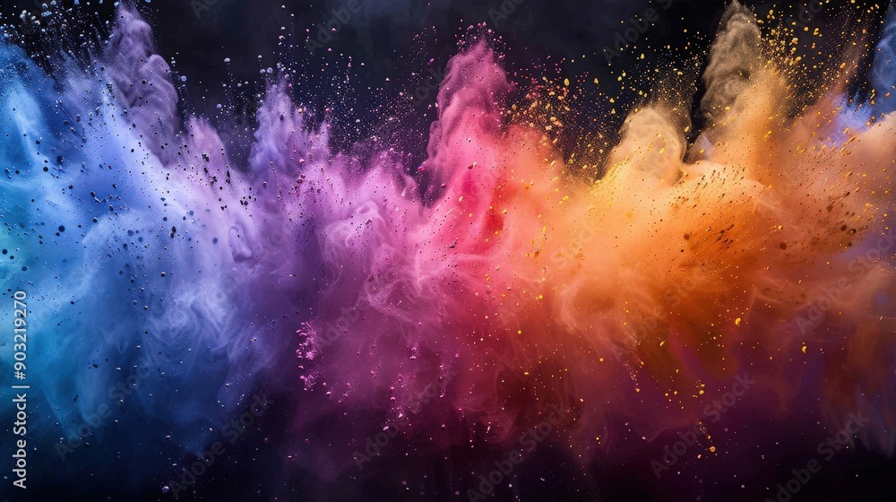 A vibrant color powder splash with rainbow hues, creating an abstract ...