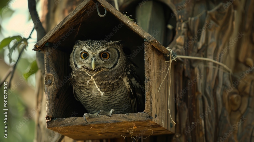 An owl is standing inside the bird house Bird houses made of wood are ...