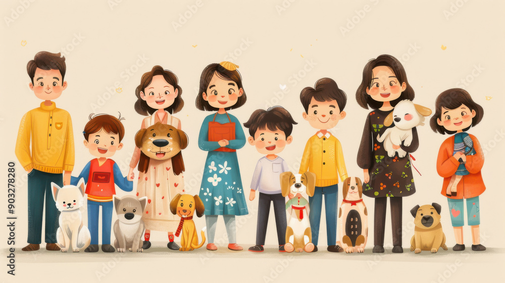 Illustrated family of various ages, accompanied by their pets, posing ...