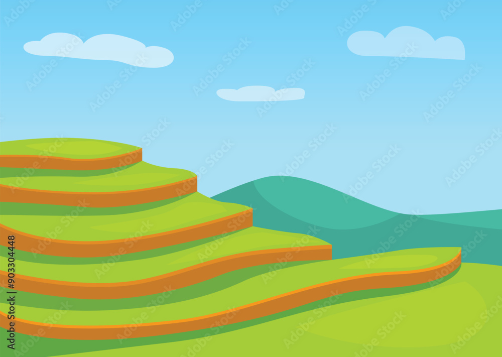 Cartoon illustration of green rice terraces forming steps in a ...