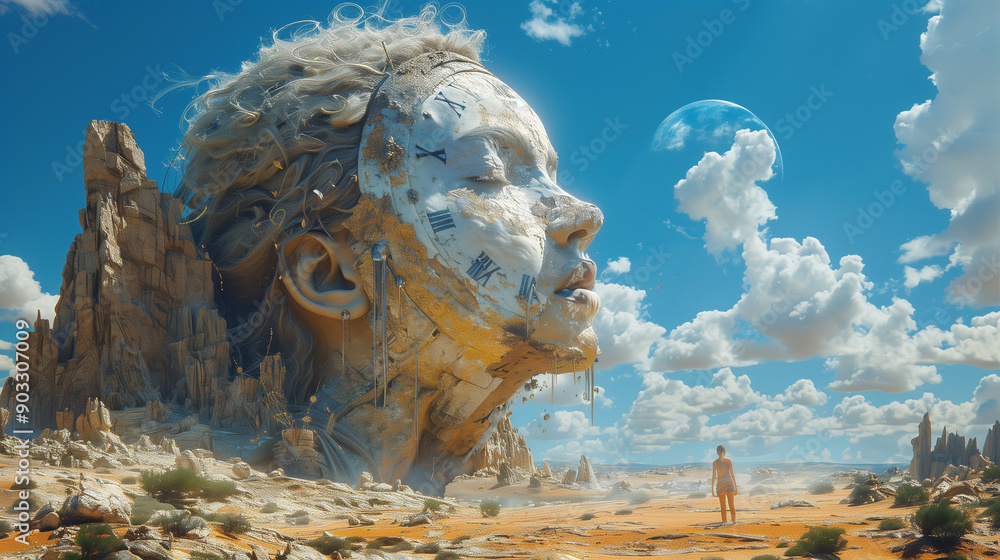 Surrealist Dreamscape with Melting Clock Over Desert and Ethereal ...