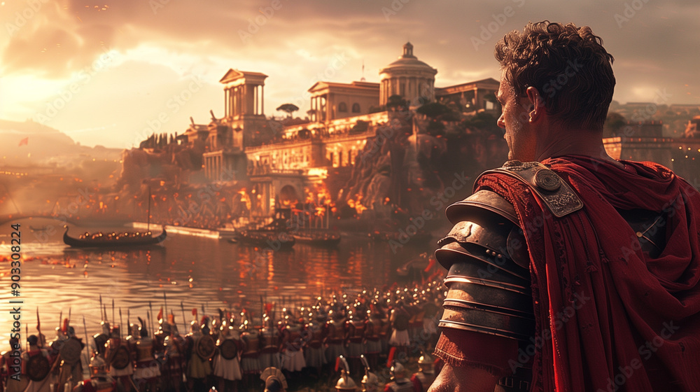 Julius Caesar Leading His Army Across the Rubicon River in a Pivotal ...