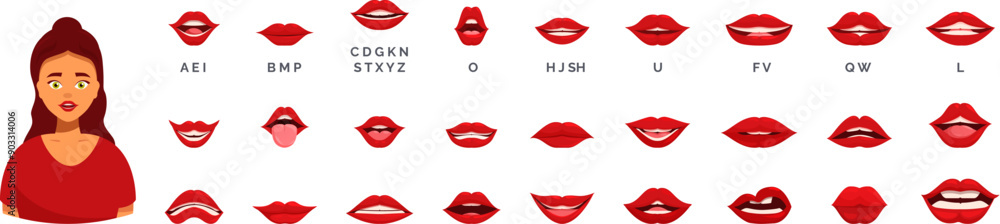 Woman mouth animation icons set. Lip sync collection for animation ...