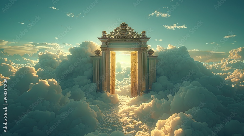 Amidst Fluffy White Clouds, a Splendid Golden Gate Stands as a Symbol ...