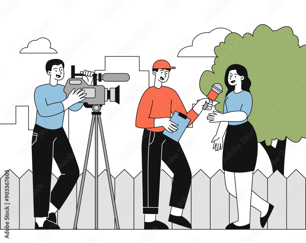 Journalist interviews concept. Men with camera and microphone ask ...