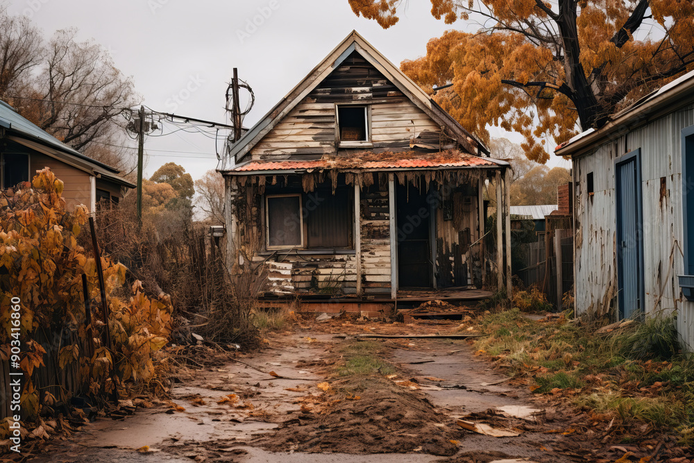 Charming Blue House in a Quaint Neighborhood After a Rainfall with ...