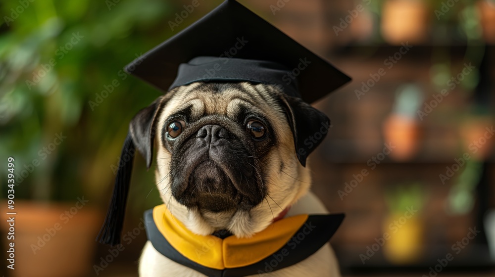 Pug wearing graduation cap and gown in a garden. Stock Photo | Adobe Stock