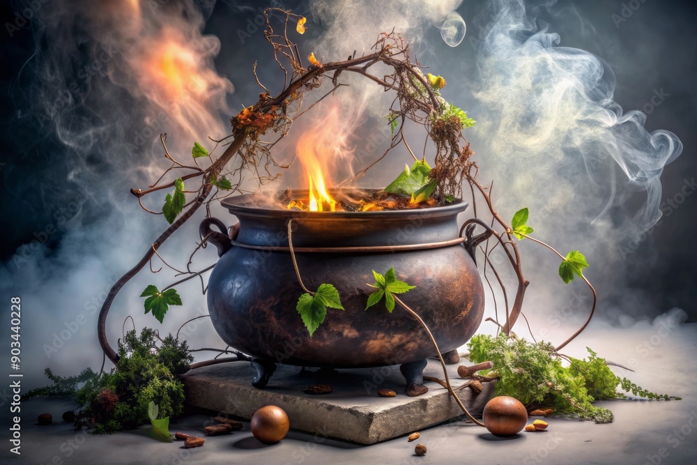 Mystical witch's cauldron, adorned with ancient symbols and eerie vines ...
