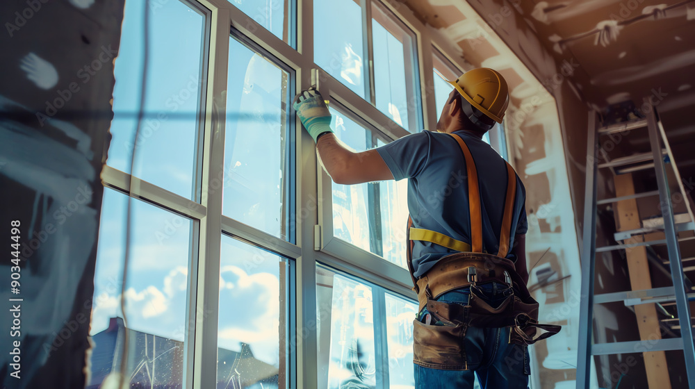 Construction worker installs new windows in a building under renovation ...