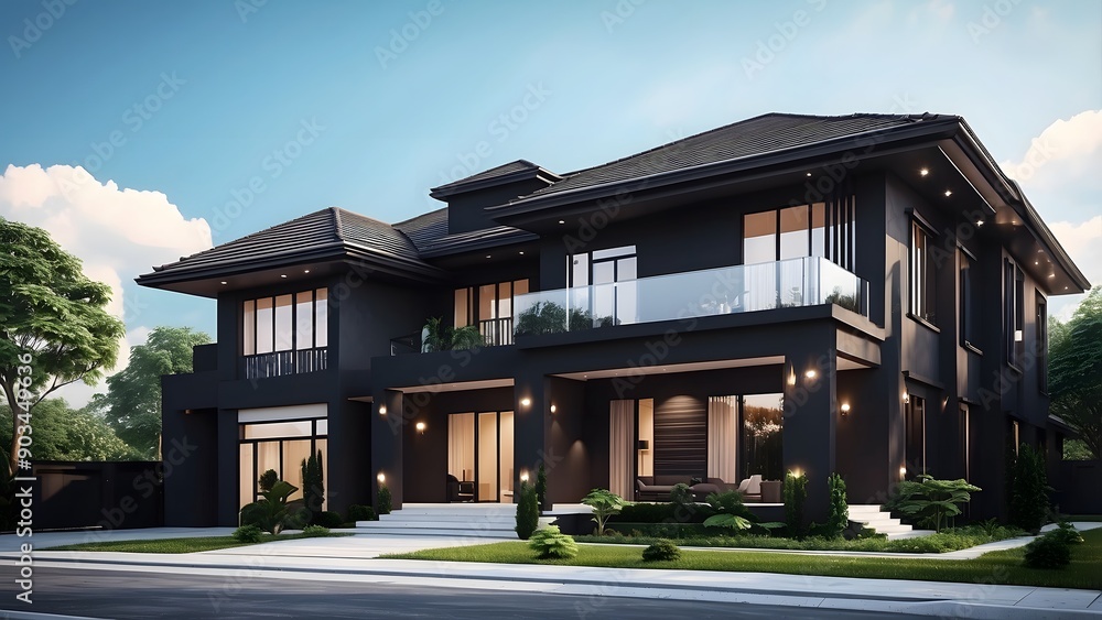 Big Mansion house exterior design, car parking space with a lawn, front ...