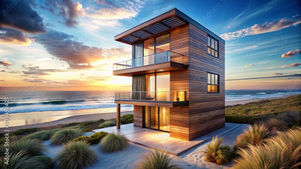 Sleek, modern, wooden beach house tower stands tall on a sun-kissed ...