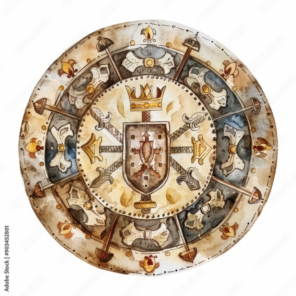 Watercolor painting of a medieval-style medallion with a knight's crest ...