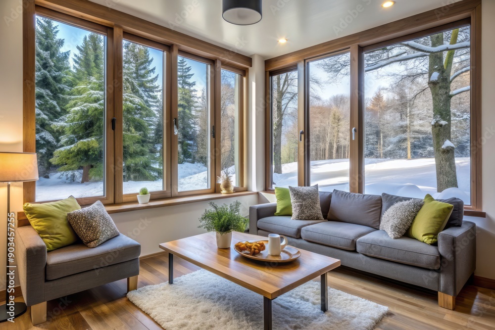 Modern double-glazed insulated windows in a cozy living room, allowing ...