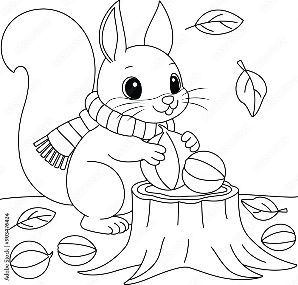 Squirrel gathering nuts for winter outline coloring page. Thanksgiving ...