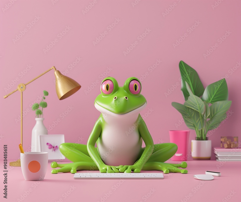 Cute Green Frog Illustration at Desk with Keyboard in Pink Office ...