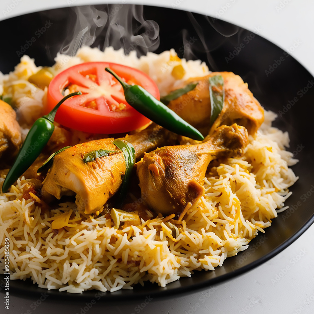 Chicken biryani served on a plate Macro shot of indian food biriyani ...