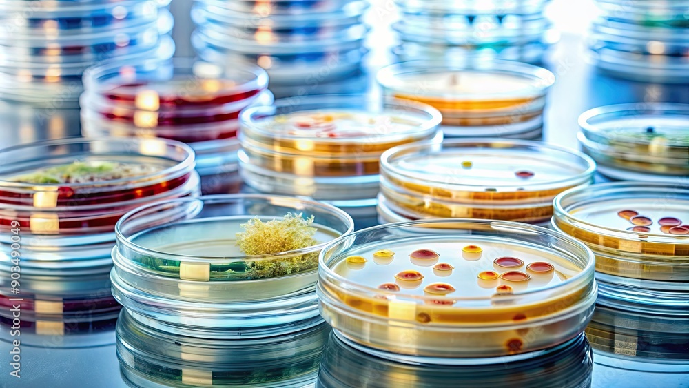Petri dishes with bacterial colonies culture on agar plates in ...