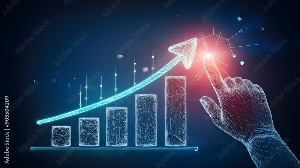 Abstract growth graph chart. Digital hand pointing arrow up and ...