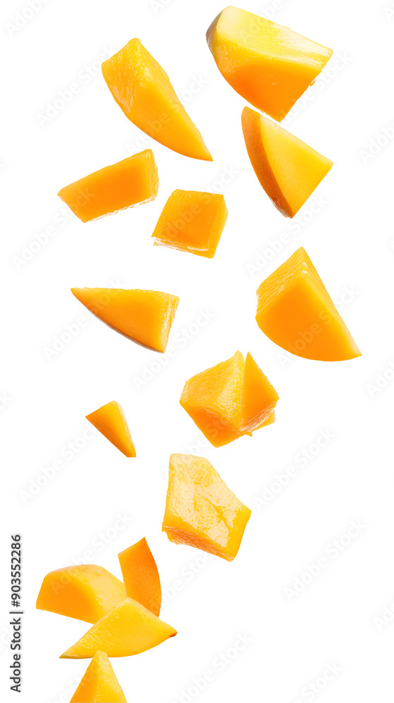 Falling Mango chunks isolated on white background, full depth of field ...
