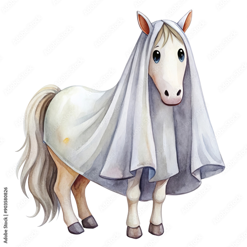 Watercolor clipart Halloween horse, cute and bright, wearing a ghost ...