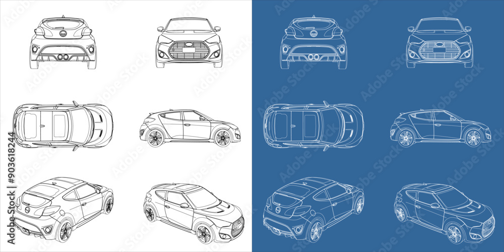 vector hatchback car line art draw blueprint wireframe from all view ...