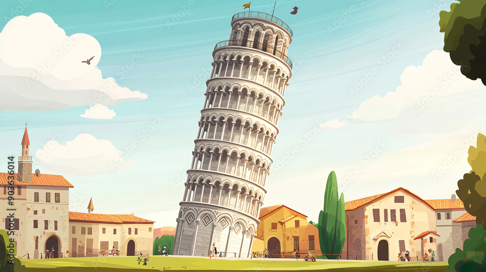 Playful Cartoon Leaning Tower of Pisa with Whimsical Characters ...