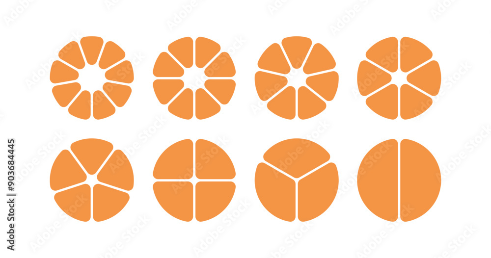 Circle division infographic icon set. Pie chart divided 7, 8,9 equal parts. Pizza or flower ...