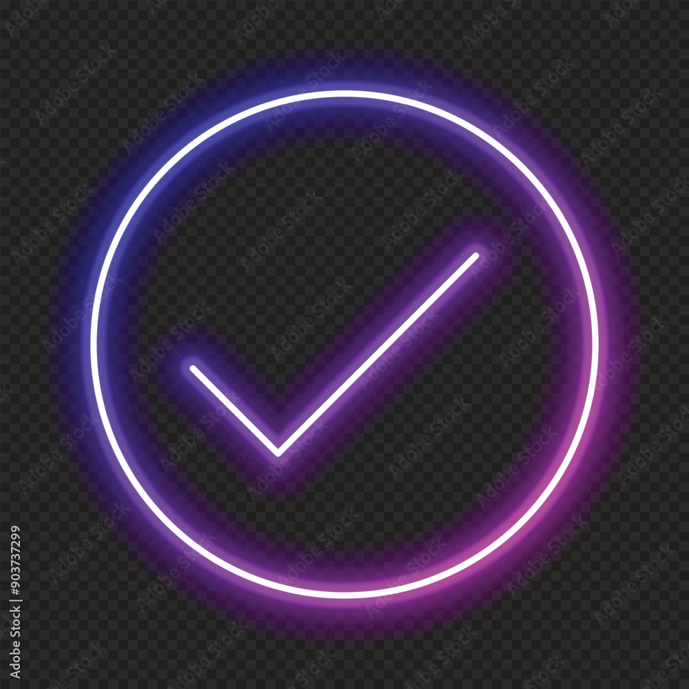 Check mark in neon style. Purple tick check mark. Retro sign with ...