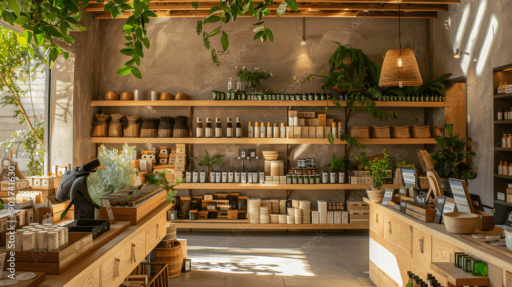 Eco-friendly store with wooden shelves and natural lighting Stock Photo ...