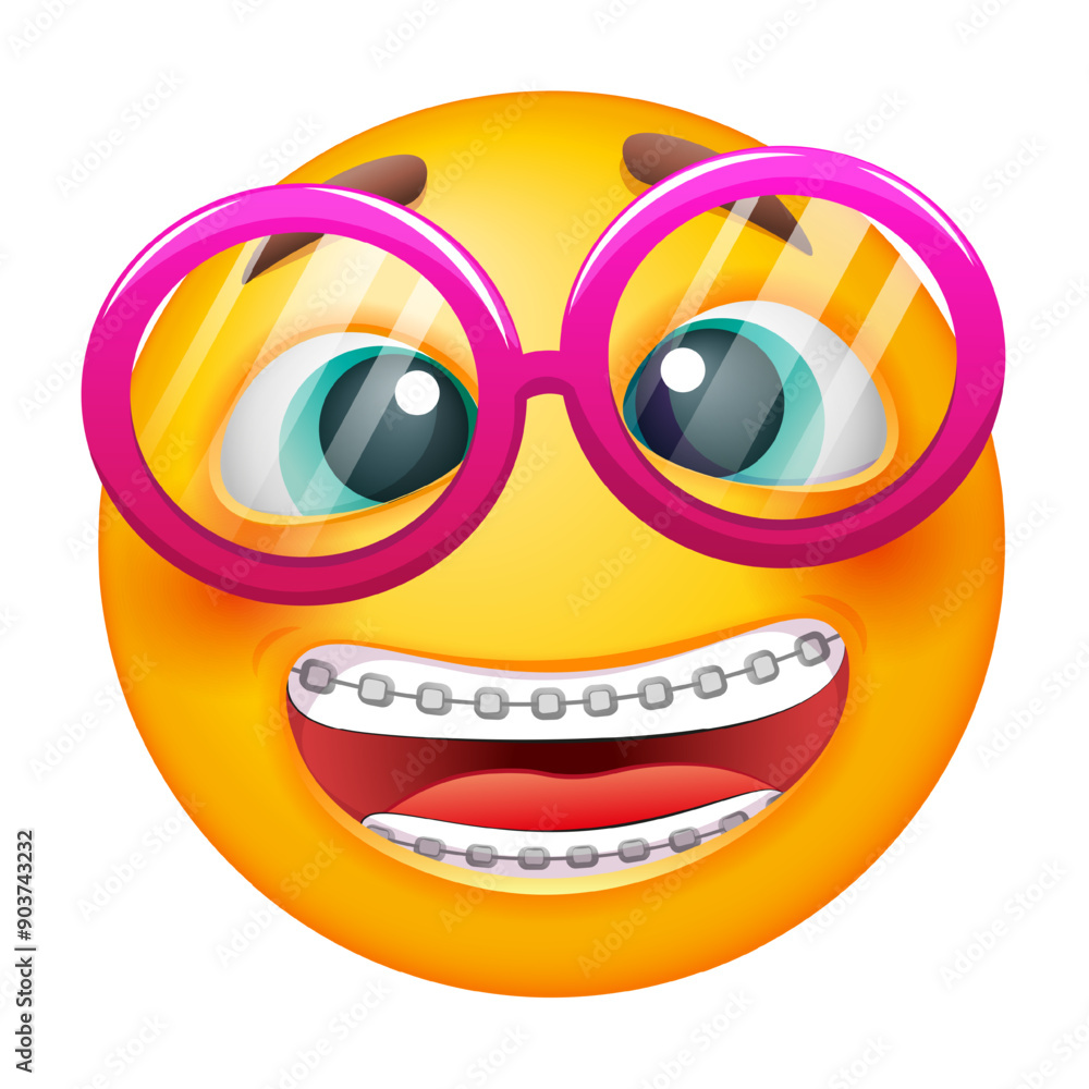 Smiling emoji with dental teeth braces. Nerd emoticon in glasses on ...