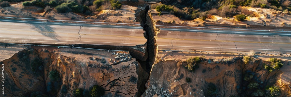 Damage highway collapses huge cracks. Asphalt road collapsed and fallen ...