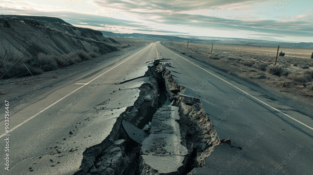 Damage highway collapses huge cracks. Asphalt road collapsed and fallen ...