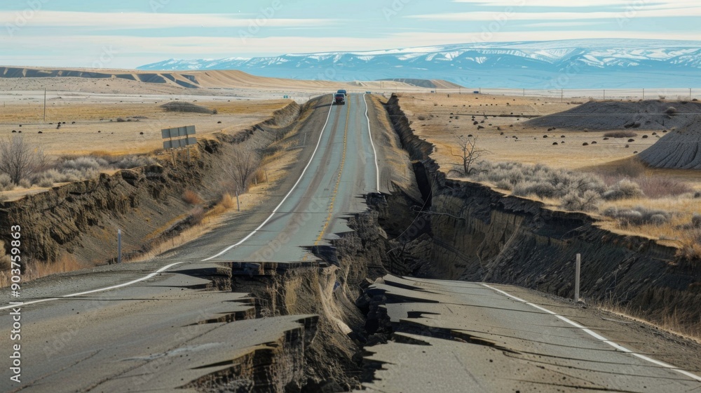 Damage highway collapses huge cracks. Asphalt road collapsed and fallen ...