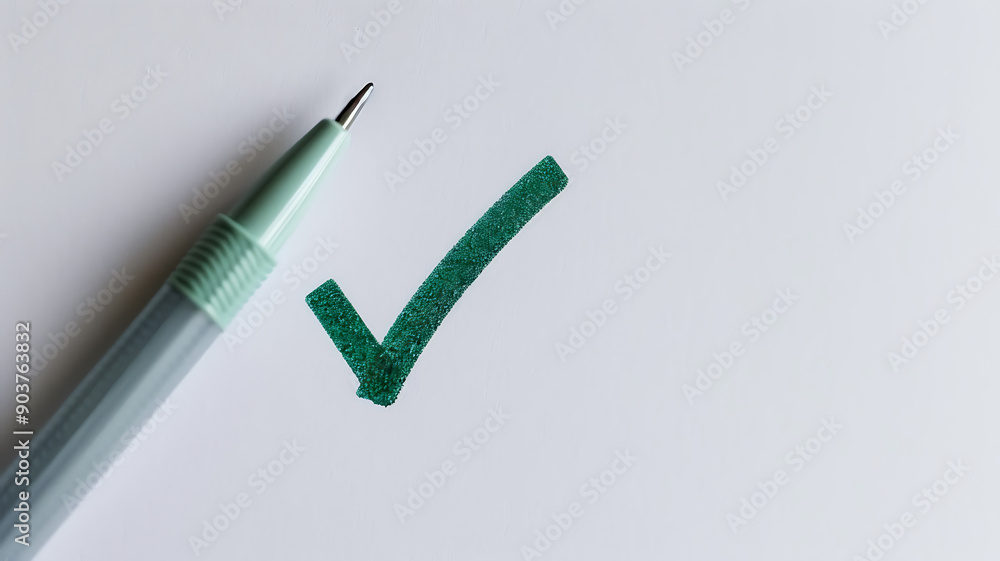 checkmark symbol made with a green pen on a white sheet of paper ...
