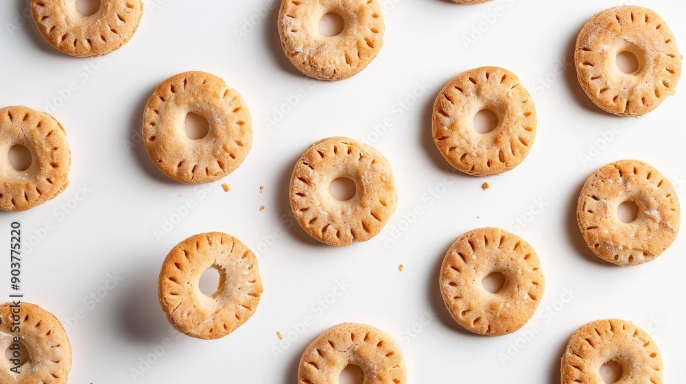 White background featuring round biscuits with a hole in the middle ...