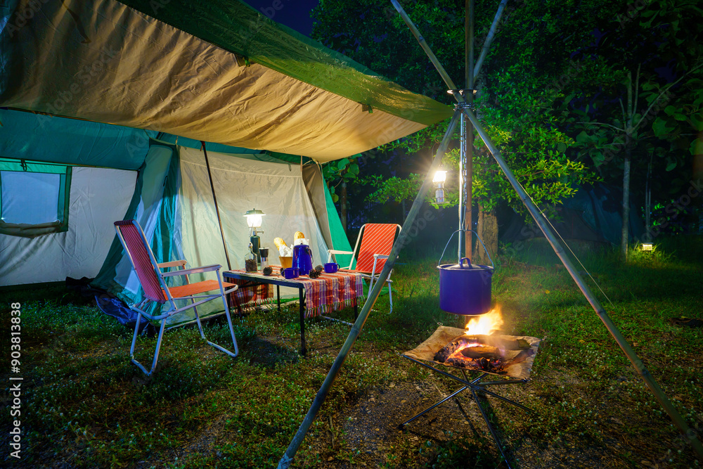 Camping tents at night, vintage cabin tents, Antique lanterns, retro ...