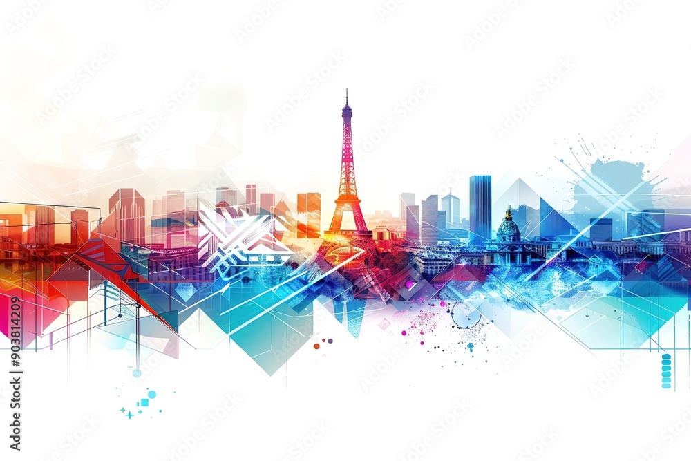 Abstract digital illustration of Paris skyline with Eiffel Tower ...