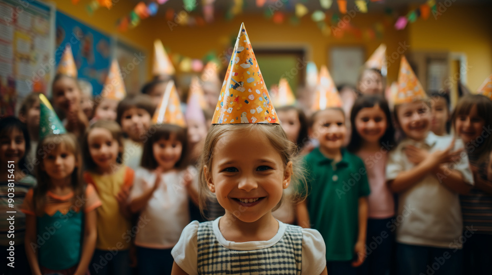 Primary school birthday celebration. Girl wearing a cone hat and ...