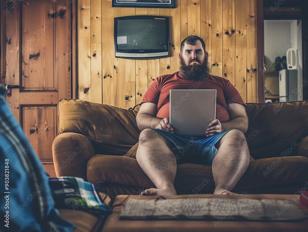 Stock-Foto „Fat man with big belly and body sitting on sofa while using ...